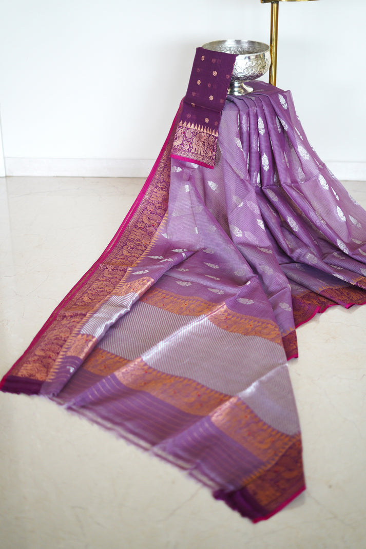 Purple Non Tissue Saree with Kanchi Border and Butis – Chokhana - The Weave
